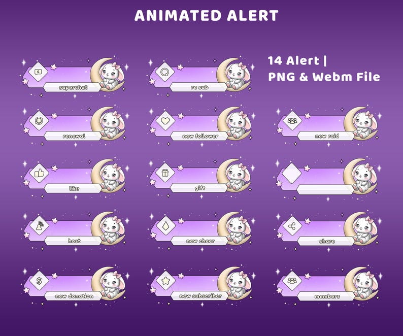 Little Moon Bunny Animated Stream Alert Overlay Package, Purple White ...
