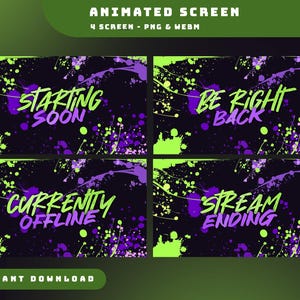 Ink Splatter Animated Stream Overlay Package, Purple and Green Stream ...