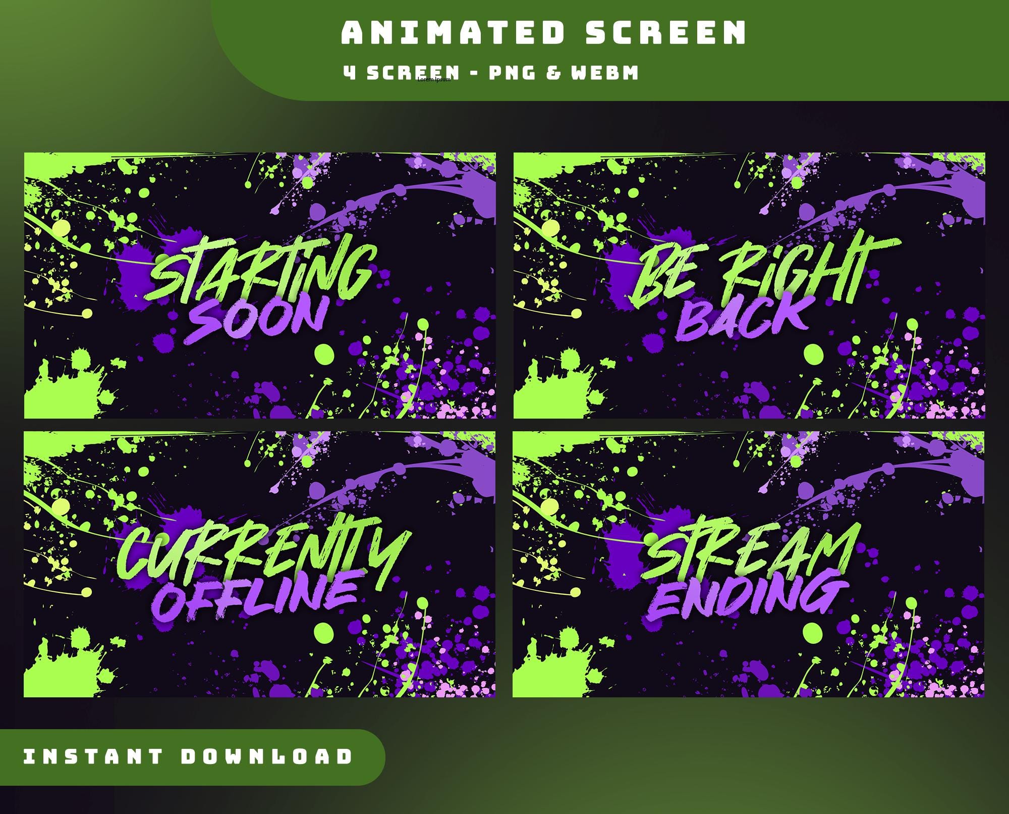 Ink Splatter Animated Stream Overlay Package, Purple and Green Stream ...