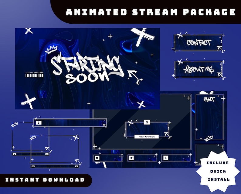 Blue Euphoria Animated Stream Overlay Package, Flow Art Gaming Overlay ...