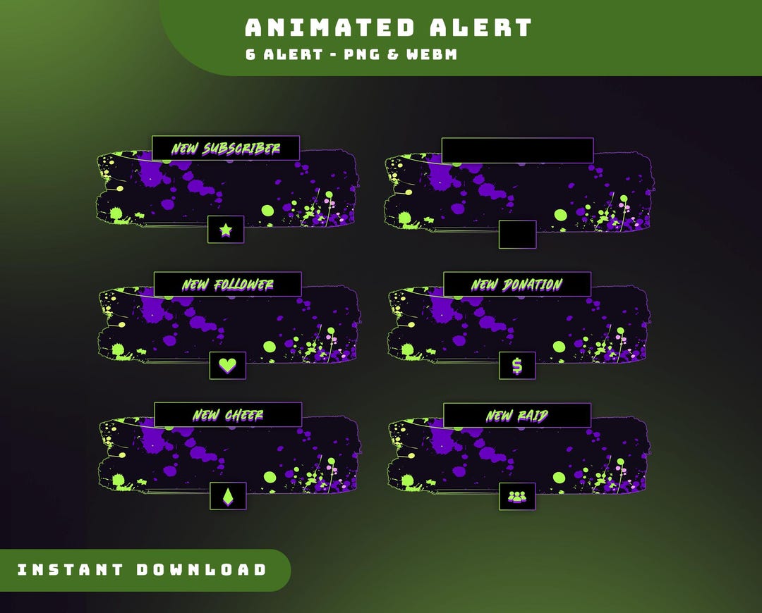Ink Splatter Animated Stream Alert Overlay Package, Purple Aesthetic ...