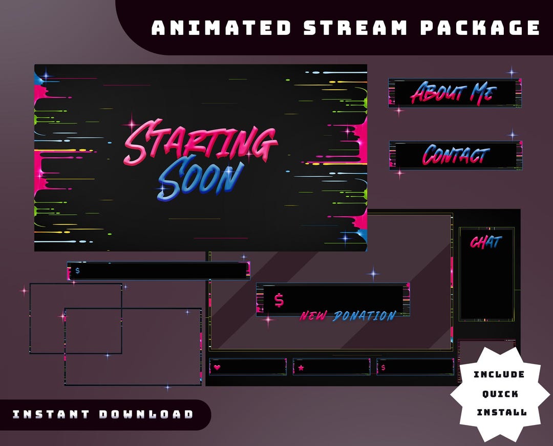 Color Drip Animated Stream Overlay Package, Neon Twitch Overlay ...