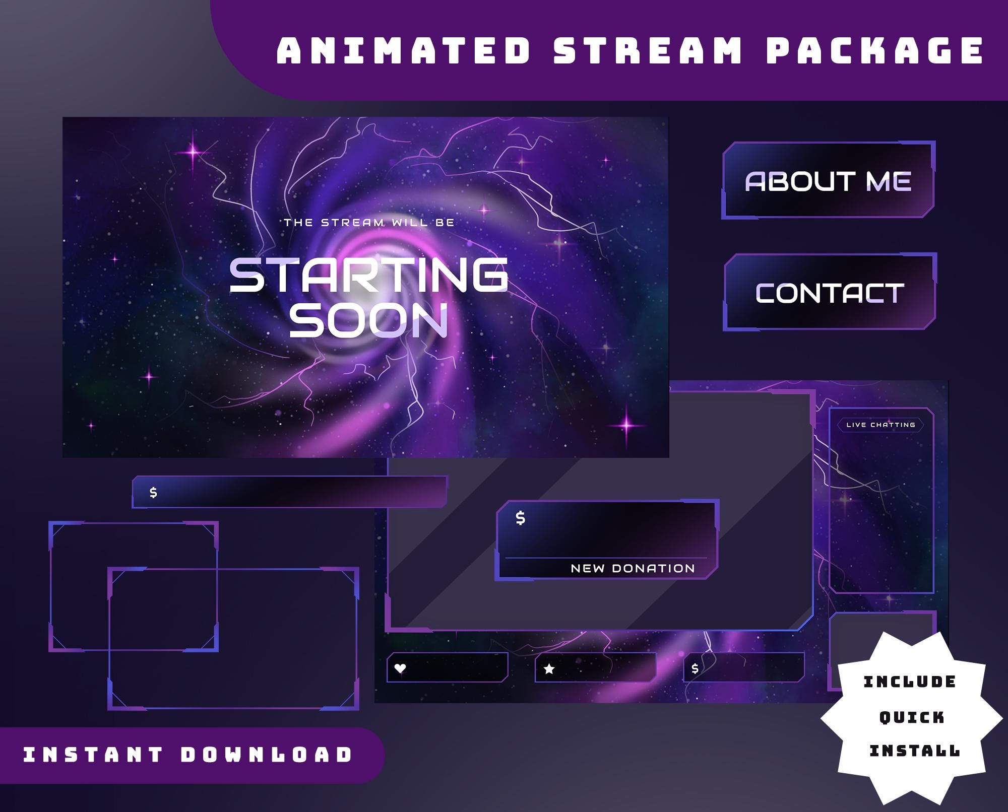 Neon Scifi Animated Stream Overlay Package, Dark Purple Twitch Overlay ...