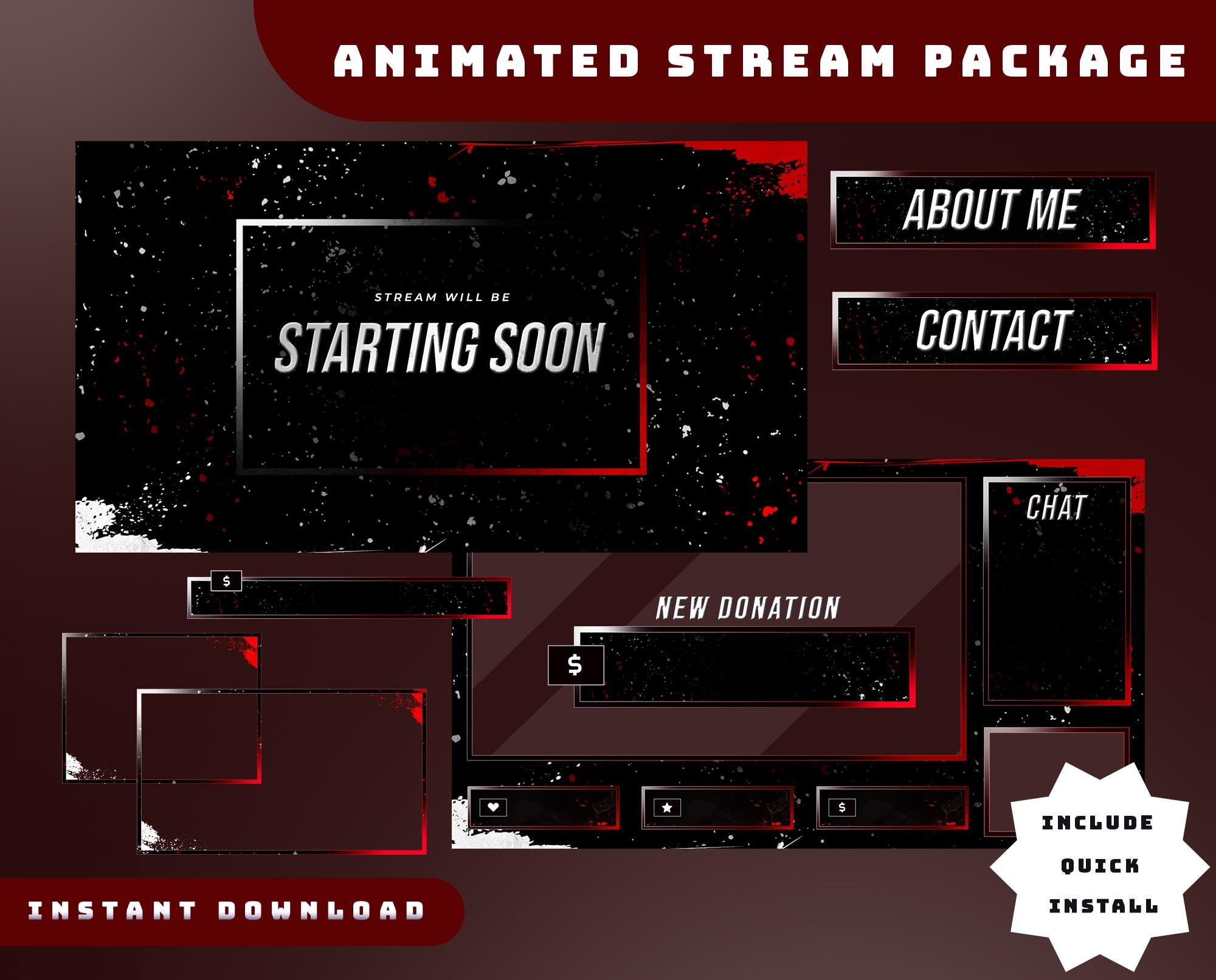 Grunge Storm Animated Stream Overlay Package, Red Black Stream Design ...
