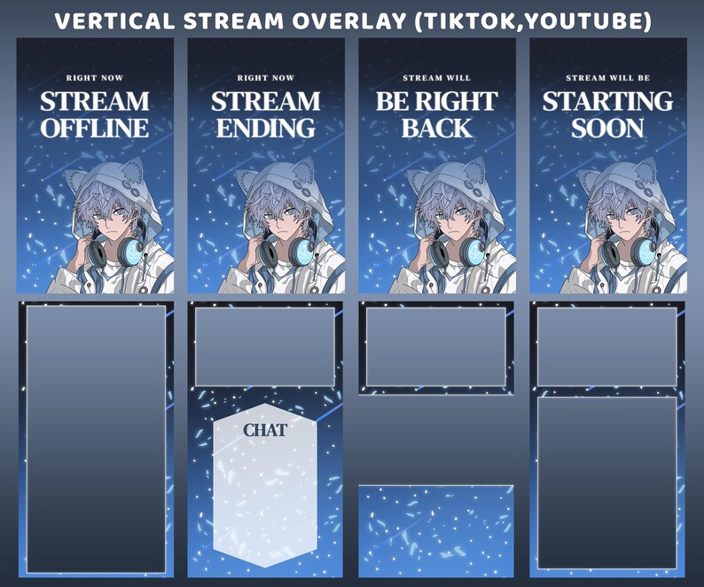Blue Comet Animated Stream Overlay Package, Tiktok Overlay, Anime Boy ...