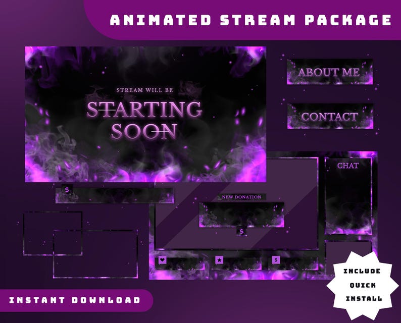 Glitch Flare Animated Stream Overlay Package, Purple Animated Overlay ...