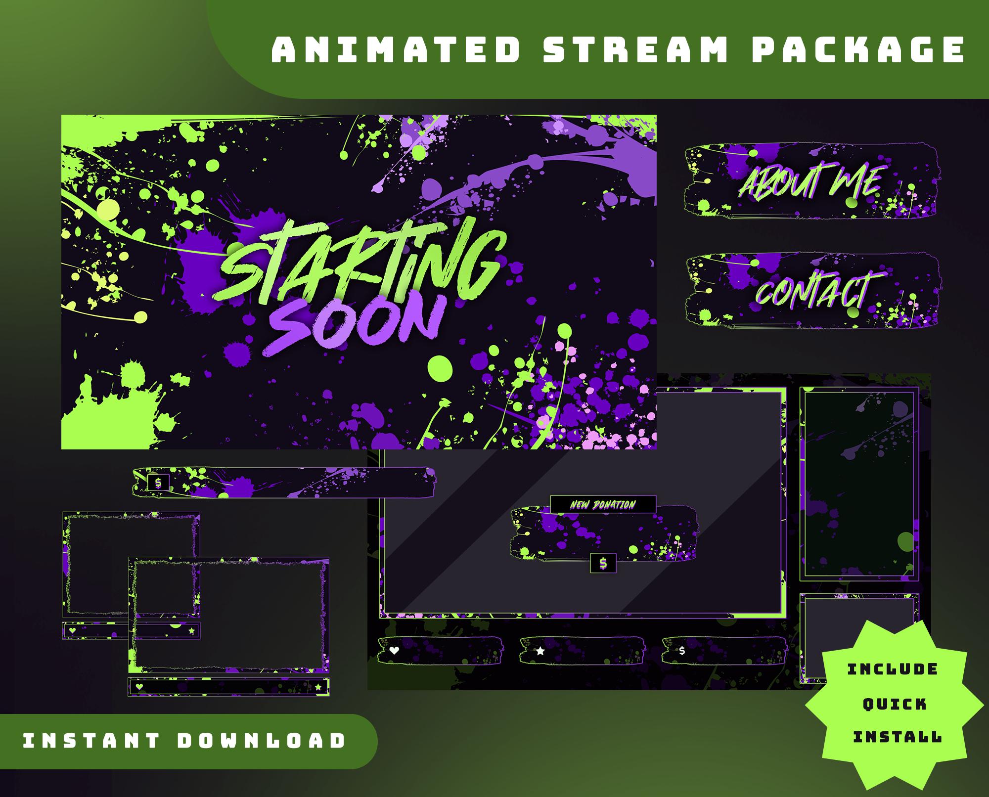 Ink Splatter Animated Stream Overlay Package, Purple and Green Stream ...