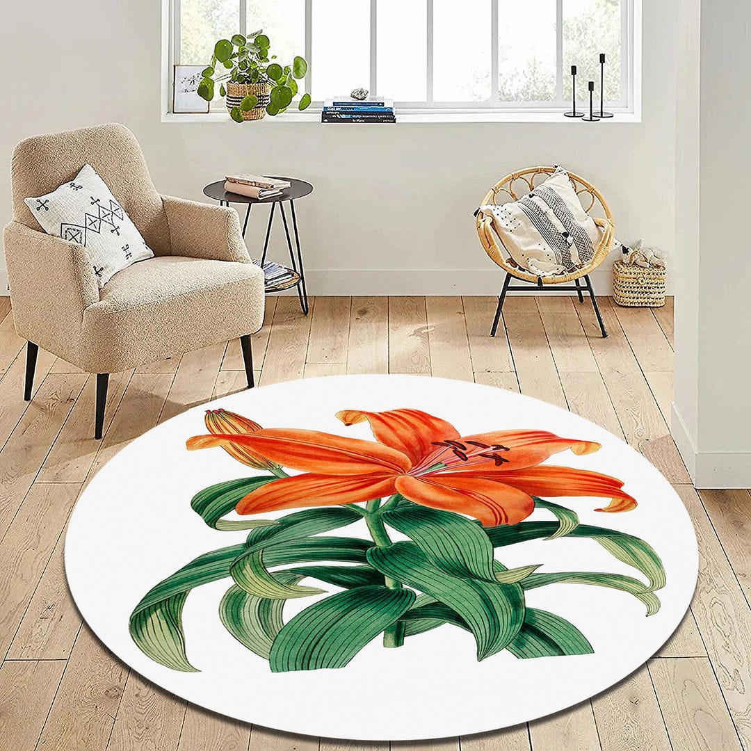 Orange Floral Round Rug,floral Round Rug,floral Pattern Round Rug ...