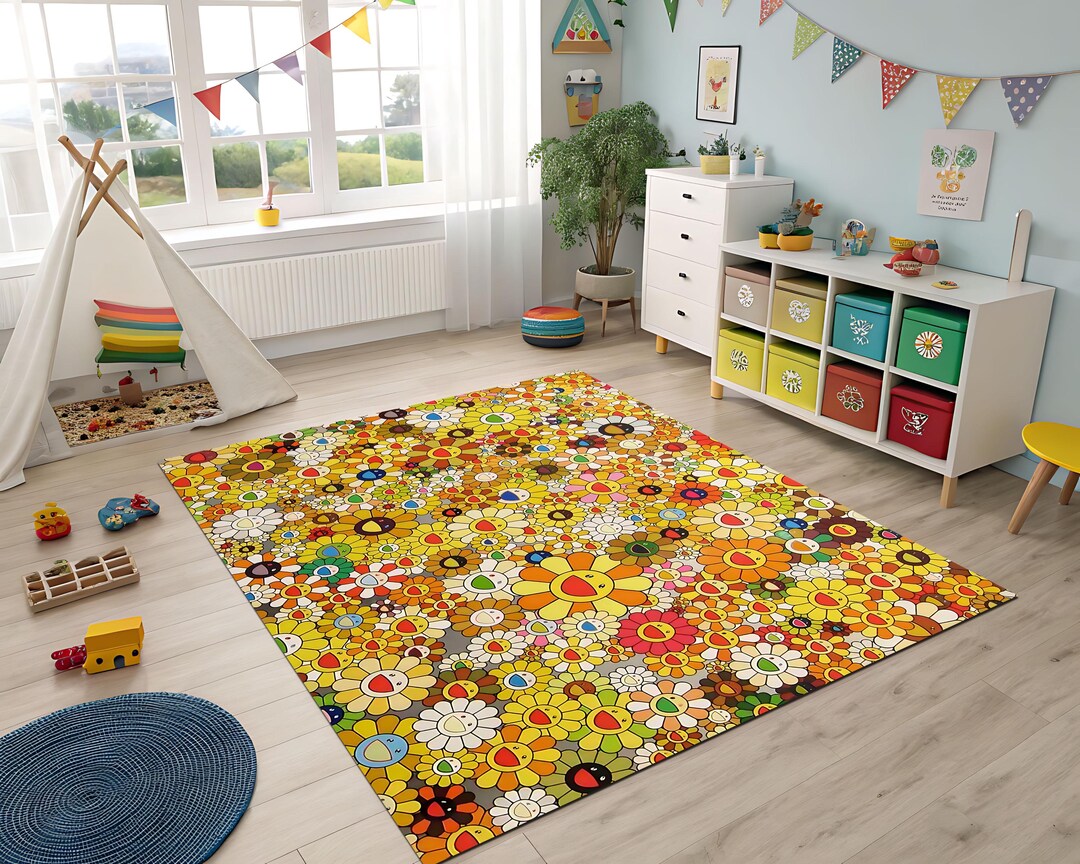 Murakami Takashi Rug - Multicolor Japanese Print Home Decor, Bamboo Rug ...