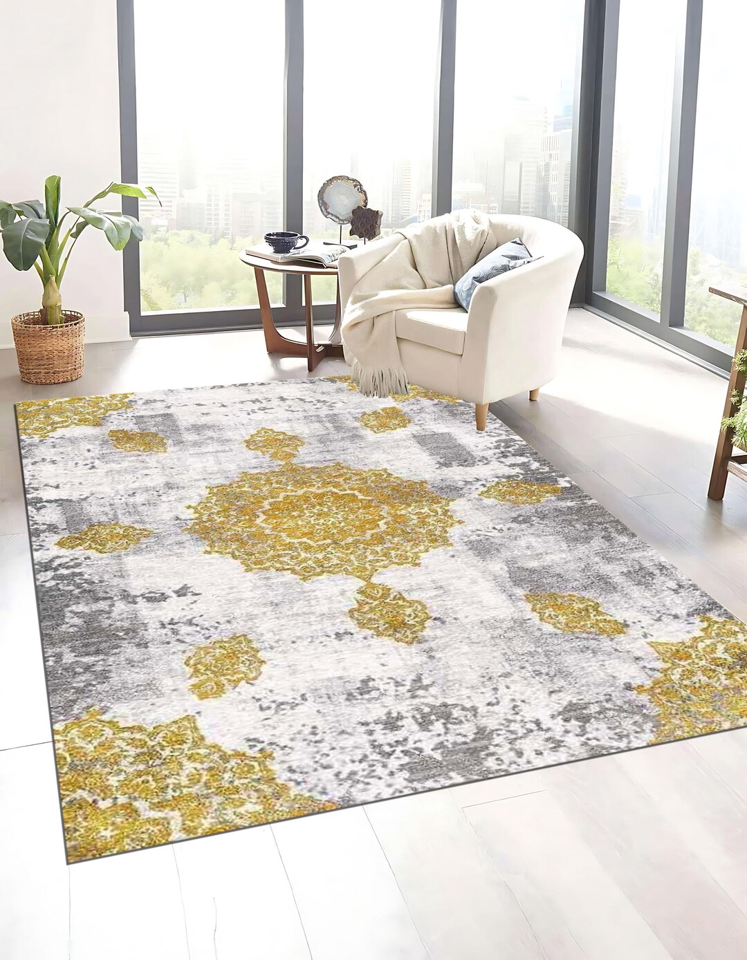 Gold Motif Rug: Modern Smoked Design, Washable Soft Area Rug - Etsy