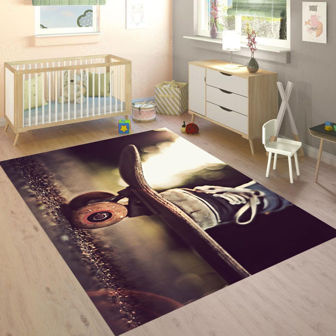 Artistic Rug Telling the Story of a Boy Riding a Skateboard, Vans Shoes ...