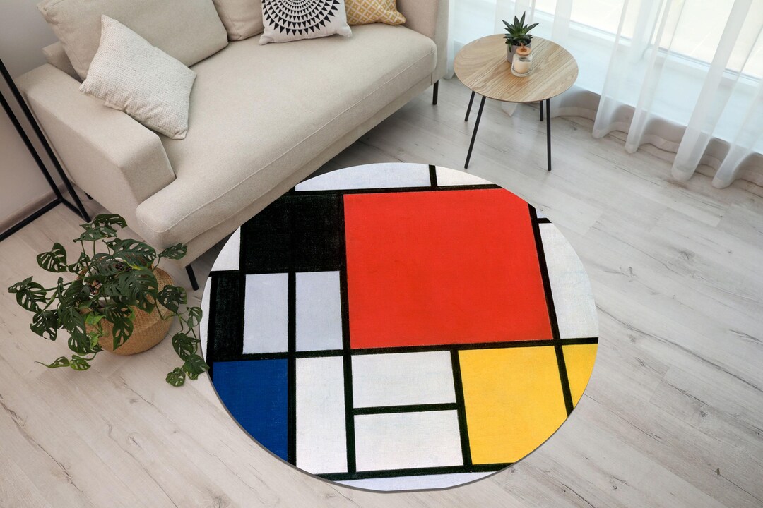 Mondrian Round Rug: Geometric Bamboo Art Decor - Etsy