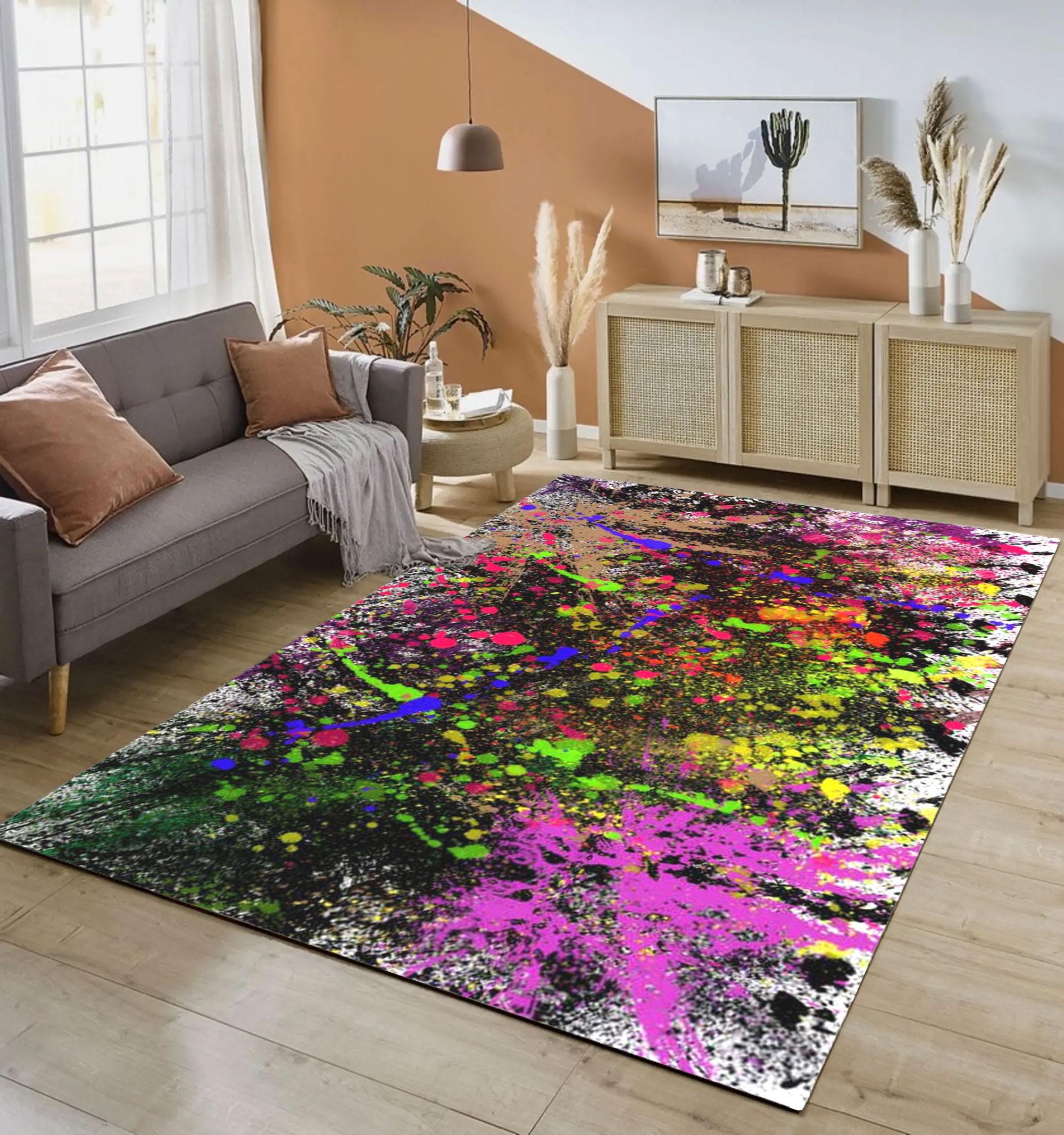 Abstract Art Area Rug: Modern Colorful Splatter, Non-slip Bamboo, - Etsy