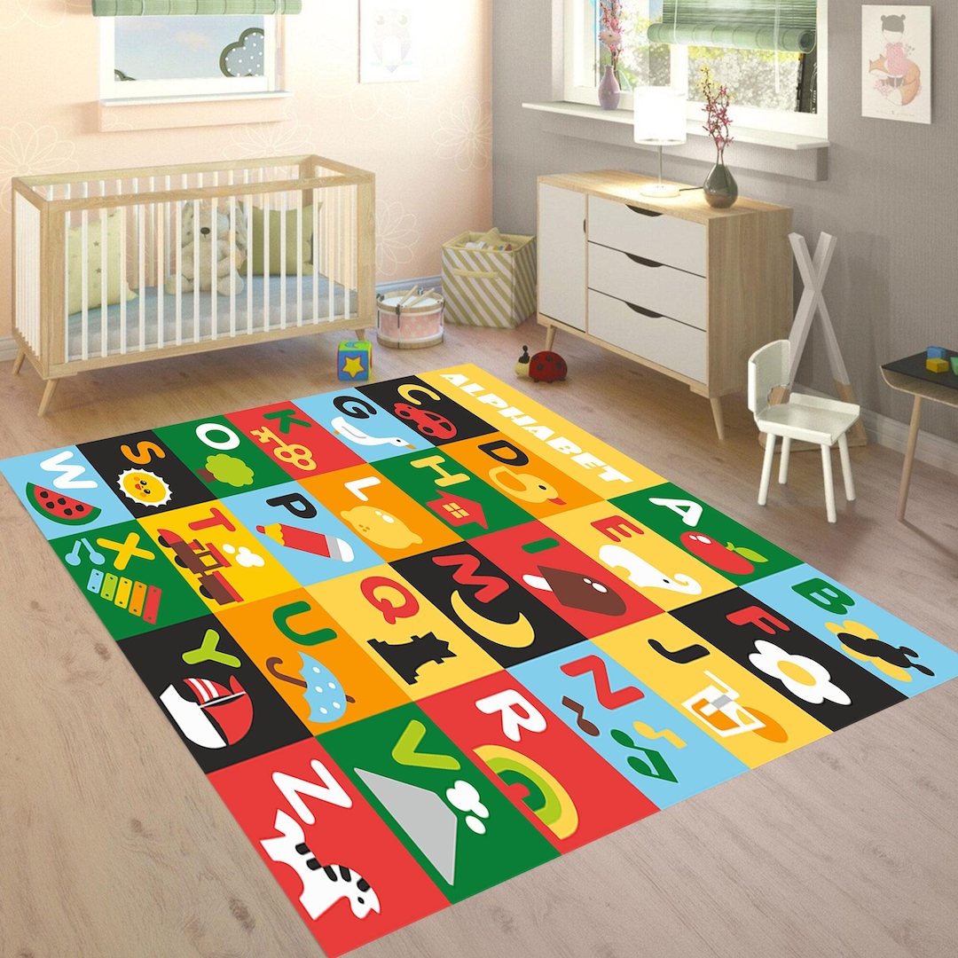 Vibrant Cute Animals Alphabet Printed Kids Room Rug • Alphabet Area Rug ...