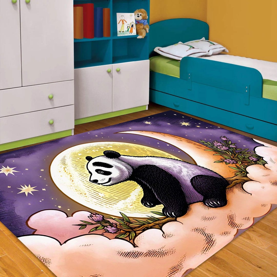 Cute Panda on the Clouds,moon Crescent Patterned Rug,purple Flower ...