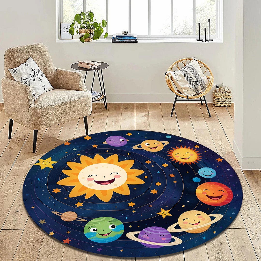 Solar System Kids Rug: Blue Planets, Stars, Educational Playmat - Etsy