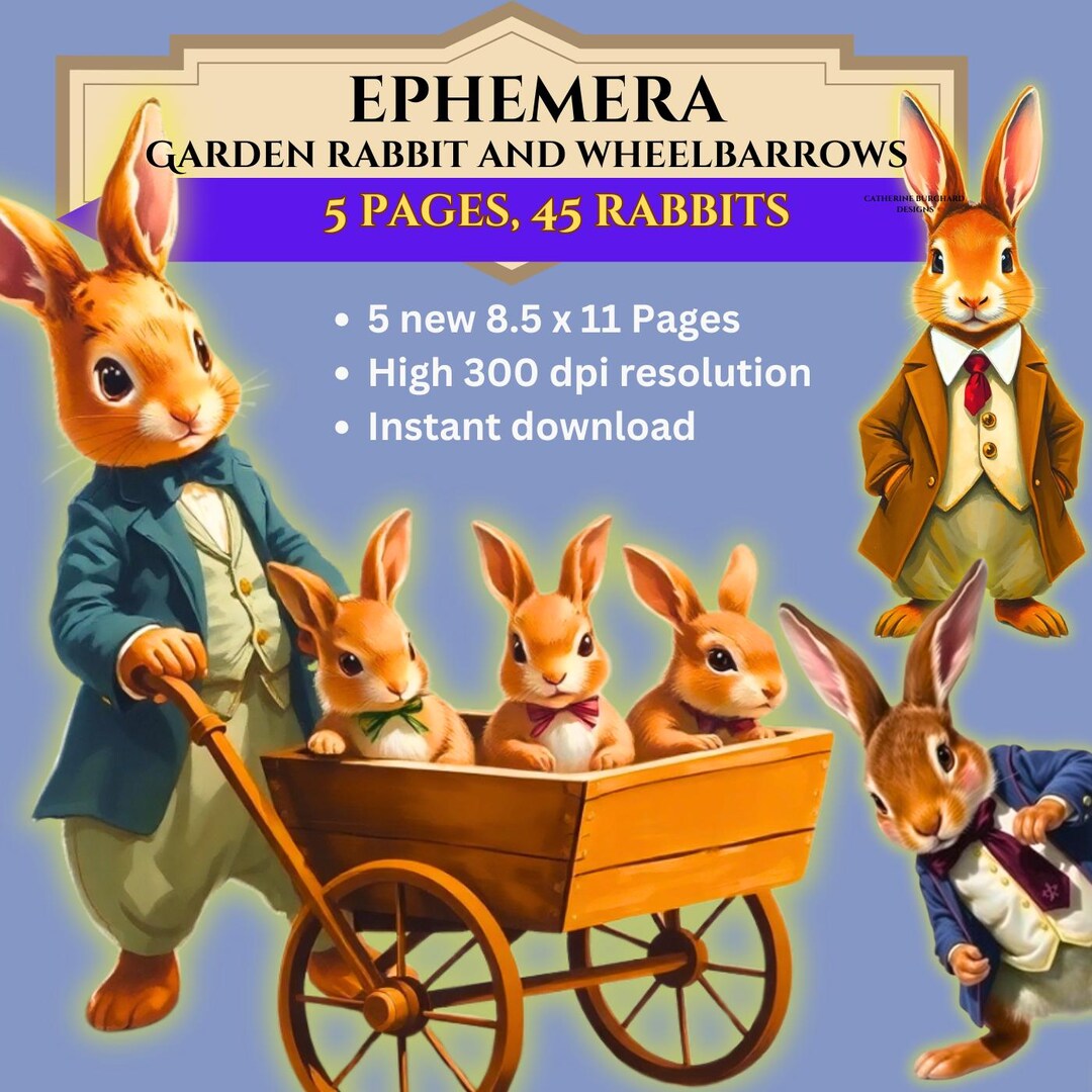 Vintage Garden Rabbits and Wheelbarrows, Instant Download, Inspired by ...
