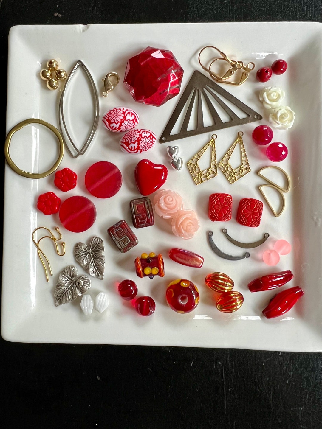 Red Bead Mix, Crystals, Glass, Lucite, Silver Charms, Jewelry Supplies ...