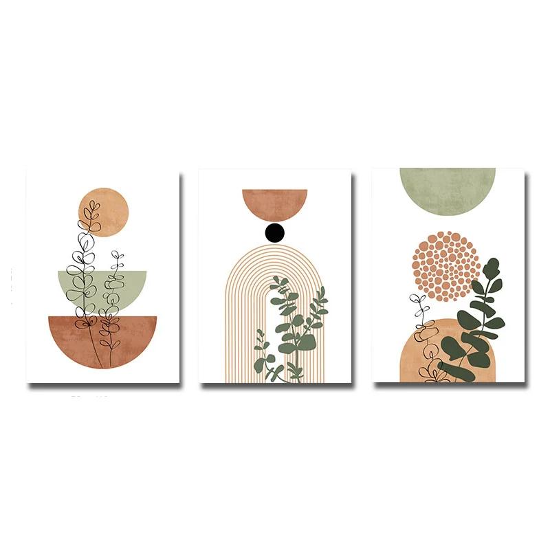 Set of 3 Modern Boho Abstract Botanical Prints - Mid Century Geometric ...