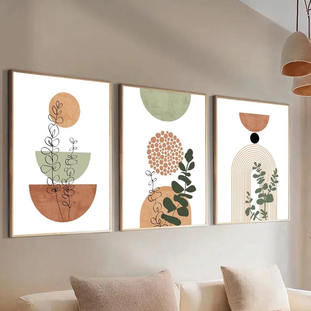 Set of 3 Modern Boho Abstract Botanical Prints - Mid Century Geometric ...