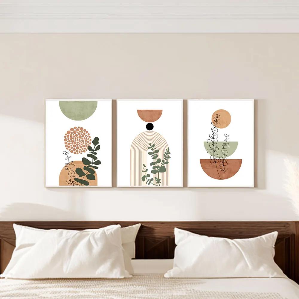 Set of 3 Modern Boho Abstract Botanical Prints - Mid Century Geometric ...