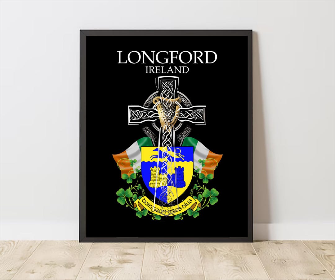 County Longford Ireland Crest Art: Celtic Cross, Irish Harp (digital ...