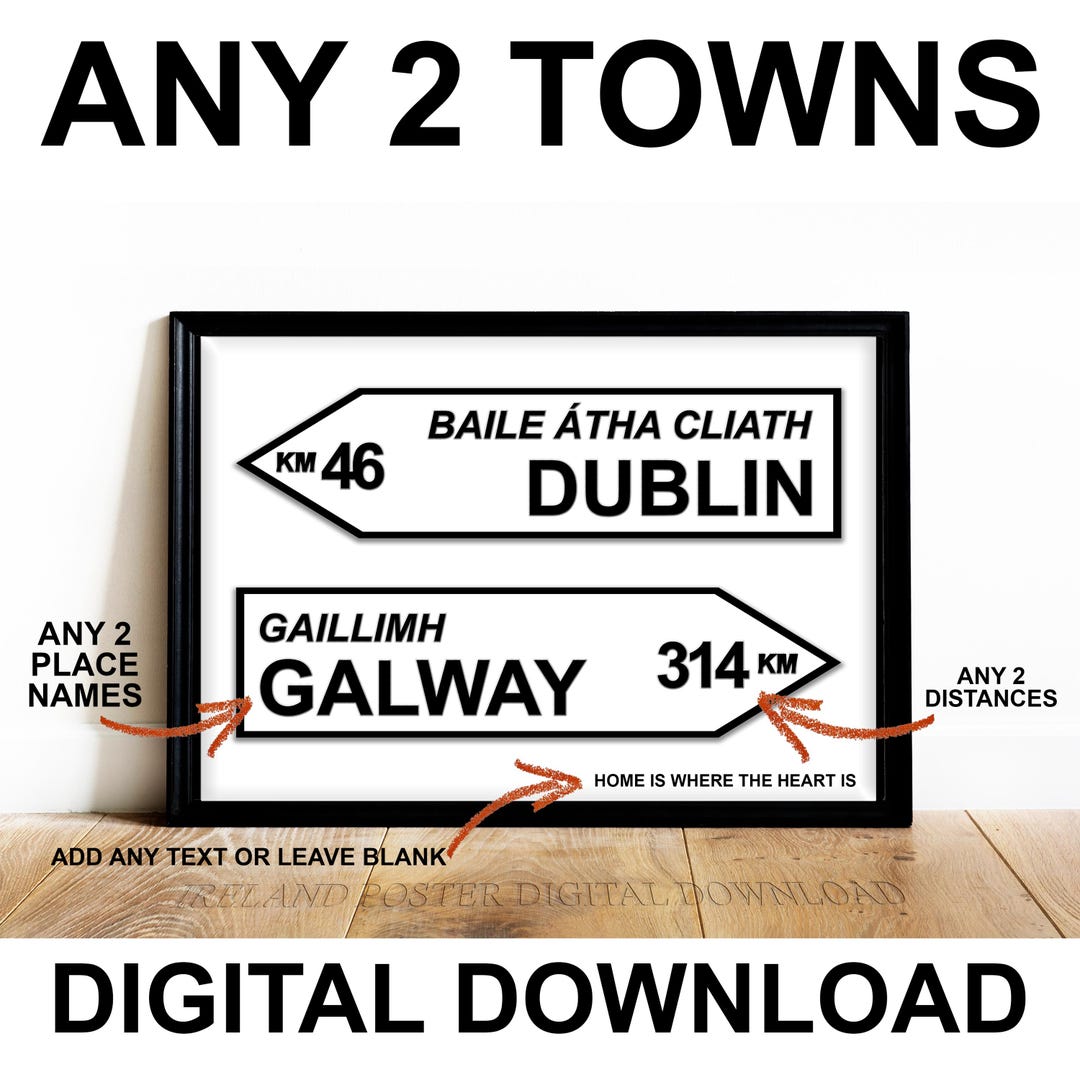 Custom Irish Road Sign, You Choose 2 Locations & Distance, Digital ...