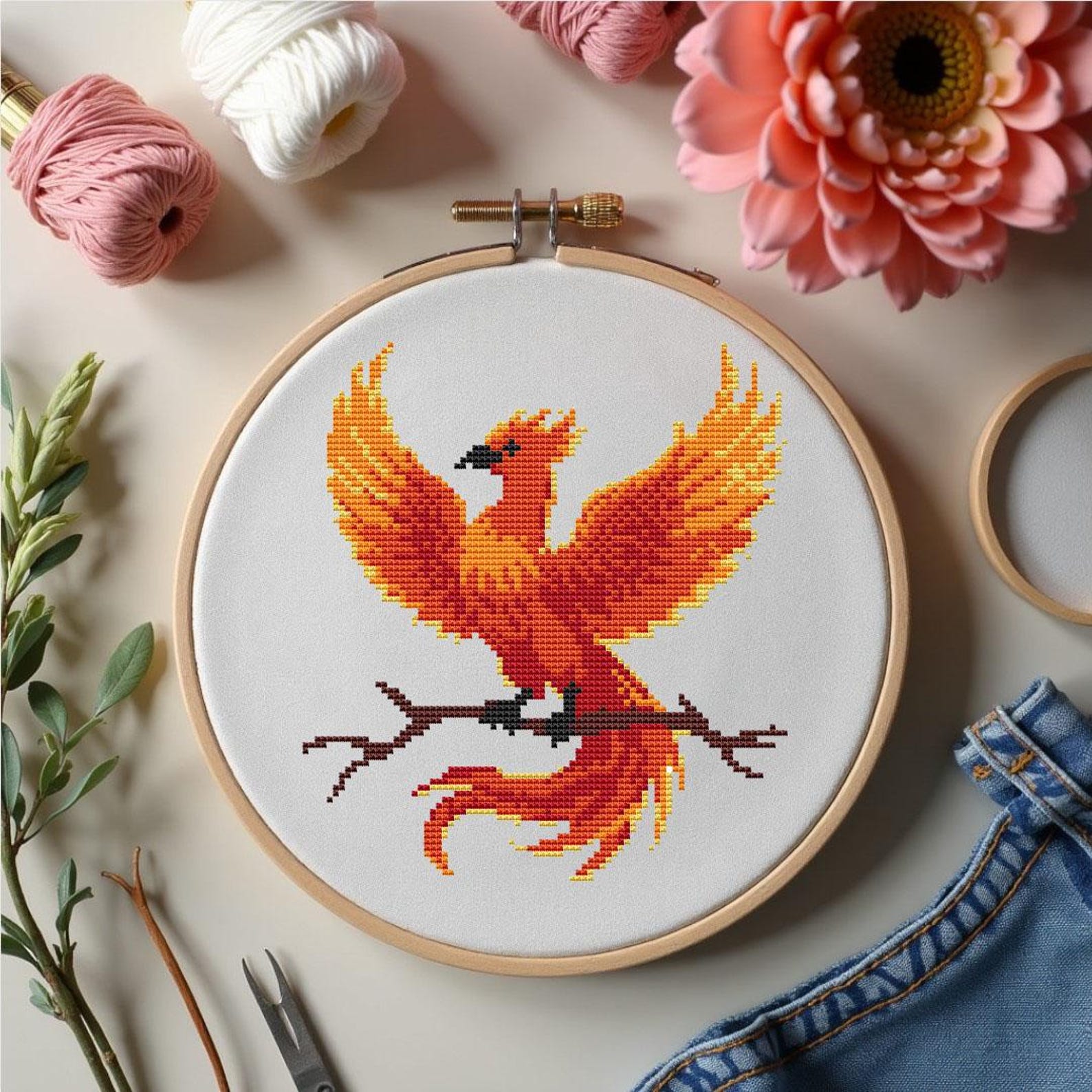 Phoenix Cross Stitch Pattern: Bird on Branch, 6 DMC Colors (PDF Digital ...
