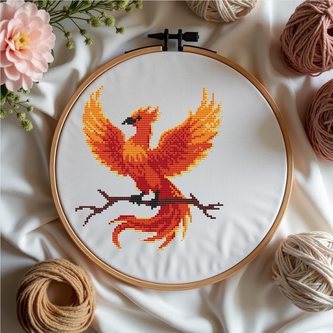 Phoenix Cross Stitch Pattern: Bird on Branch, 6 DMC Colors (PDF Digital ...
