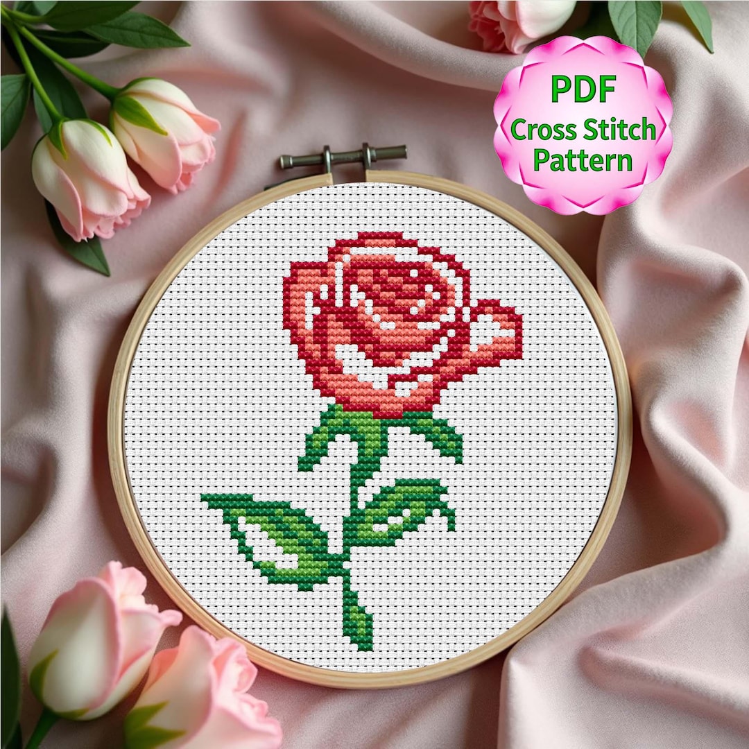 Motif de point de croix avec dessin au trait Rose : motif floral simple ...