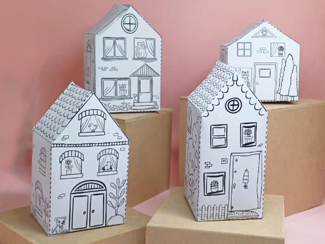 Paper House Craft Kit: 4 Printable Houses to Build, Color and Cut, Fun ...
