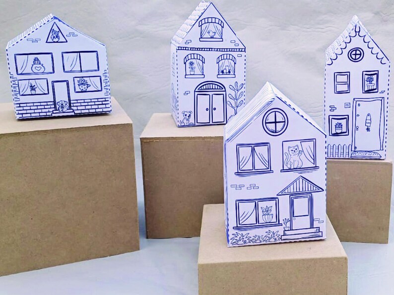 Paper House Craft Kit: 4 Printable Houses to Build, Color and Cut, Fun ...