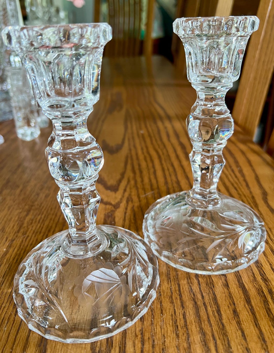 Vintage Cut Crystal Candlestick Holders With Floral Etched Bases - Etsy