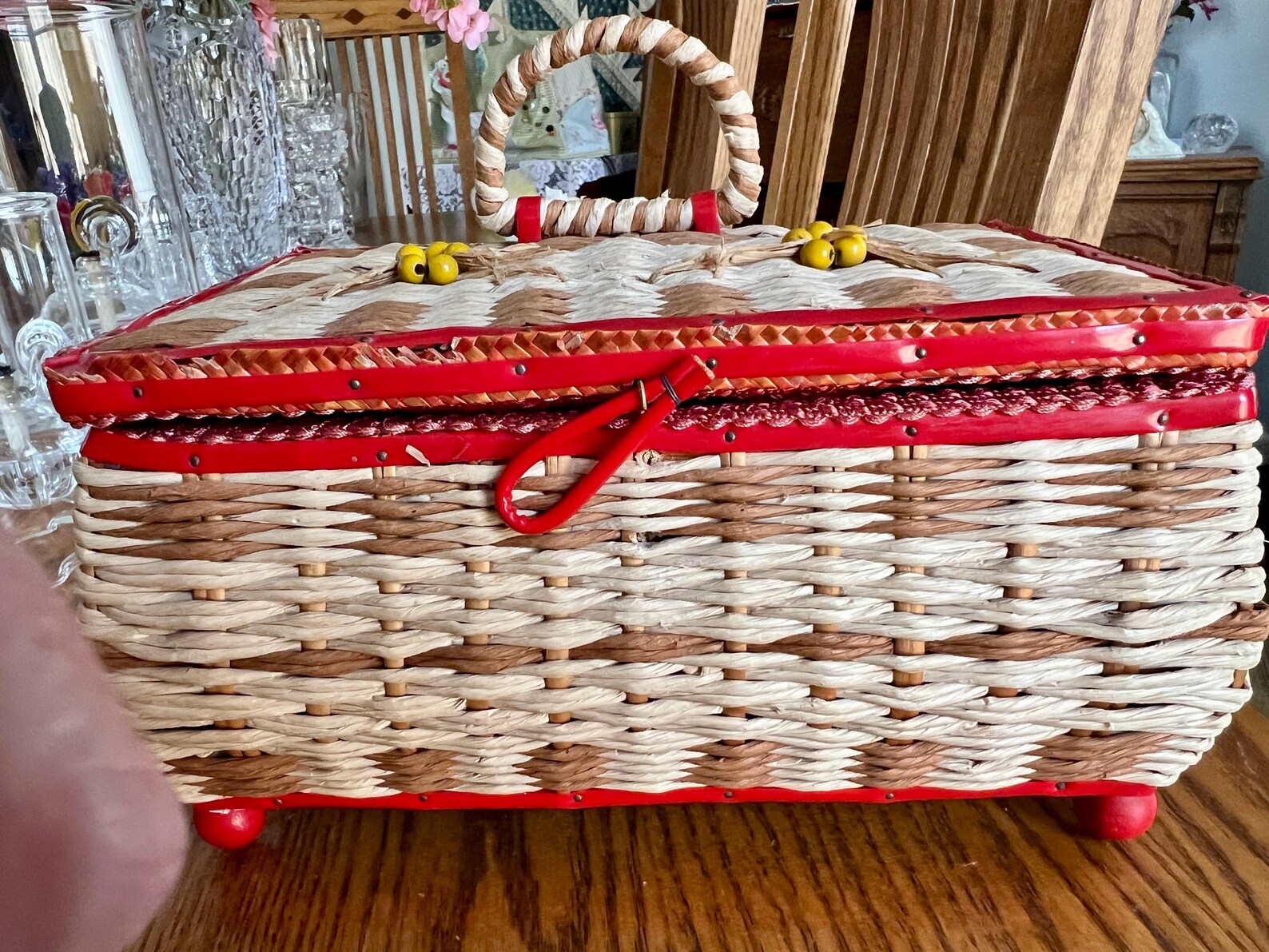 Vintage Kitschy Red Sewing Basket Containing a Music Box That is ...