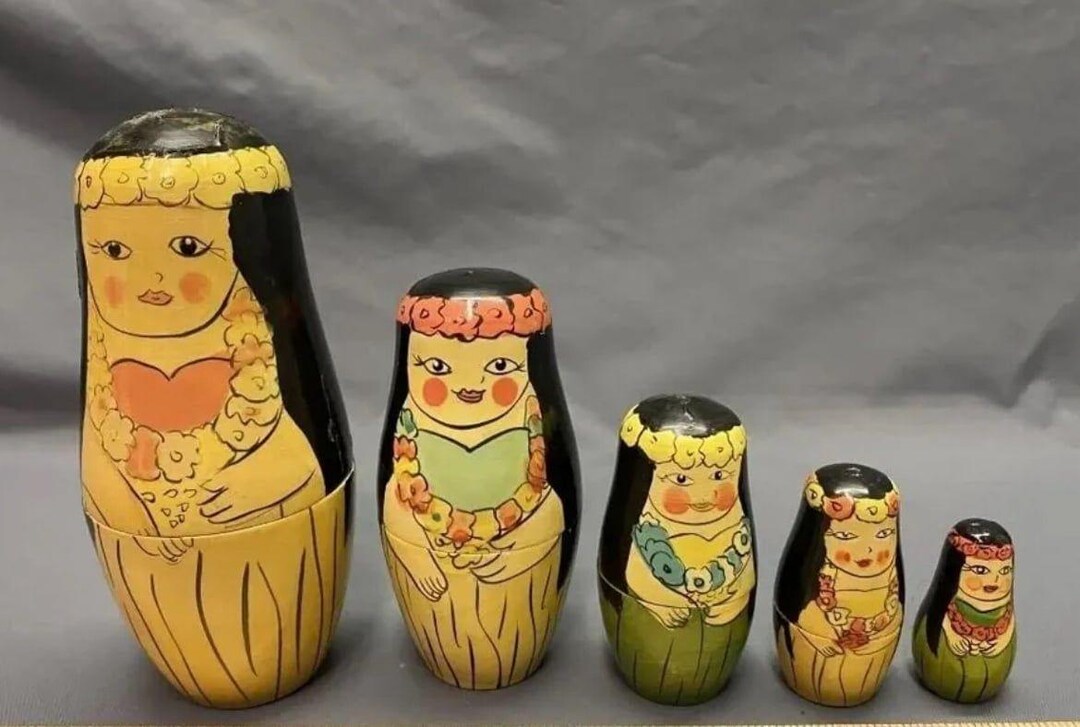 Vintage Hawaiian Polynesian Girl Russian Nesting Dolls Set of 5 Wooden ...