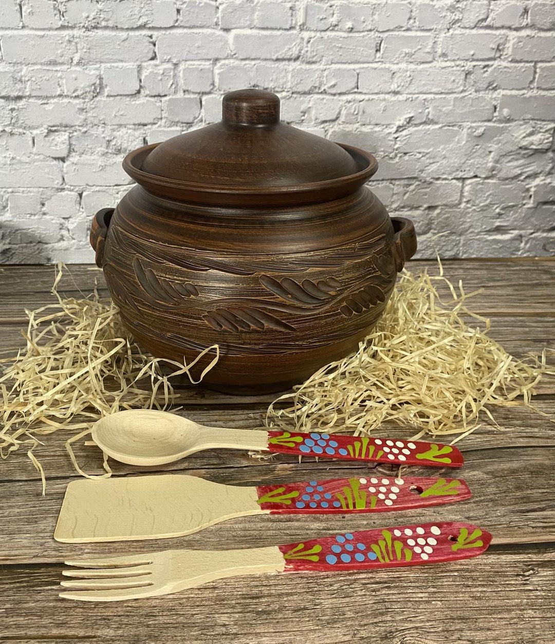 Clay Pot With Lid, Rustic Pot With Cutlery Set, ECO Friendly Cookware ...