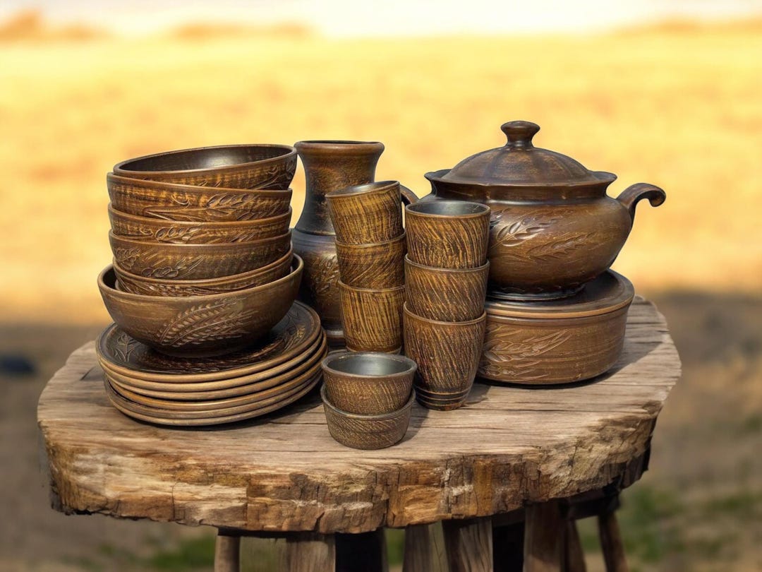 Big Family Set of Dishes | Large Rustic Dinnerware | Pottery Set for 6 ...