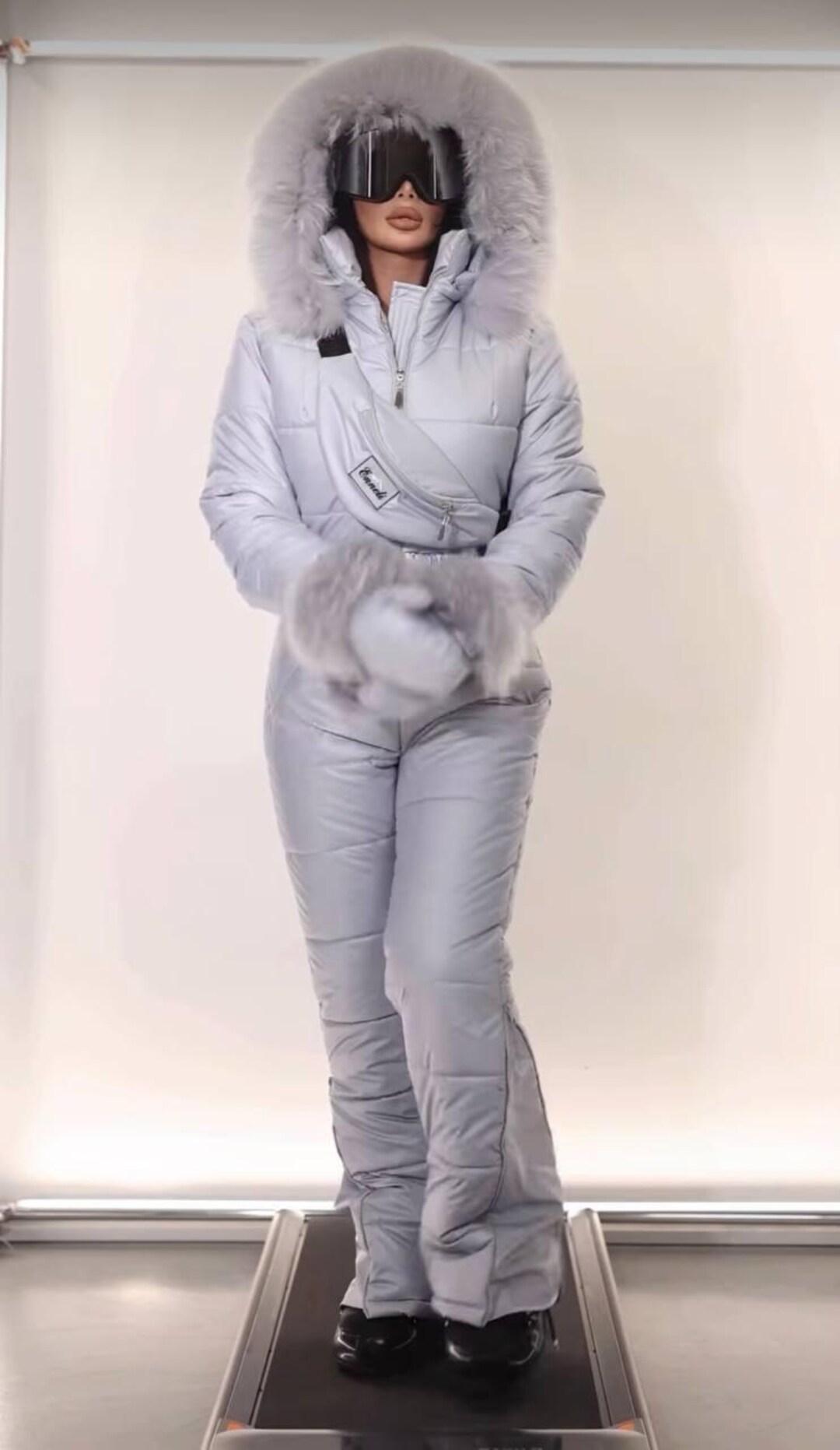 Gray Ski Jumpsuit Fur Hood, Waterproof Winter Snowsuit, Insulated One ...