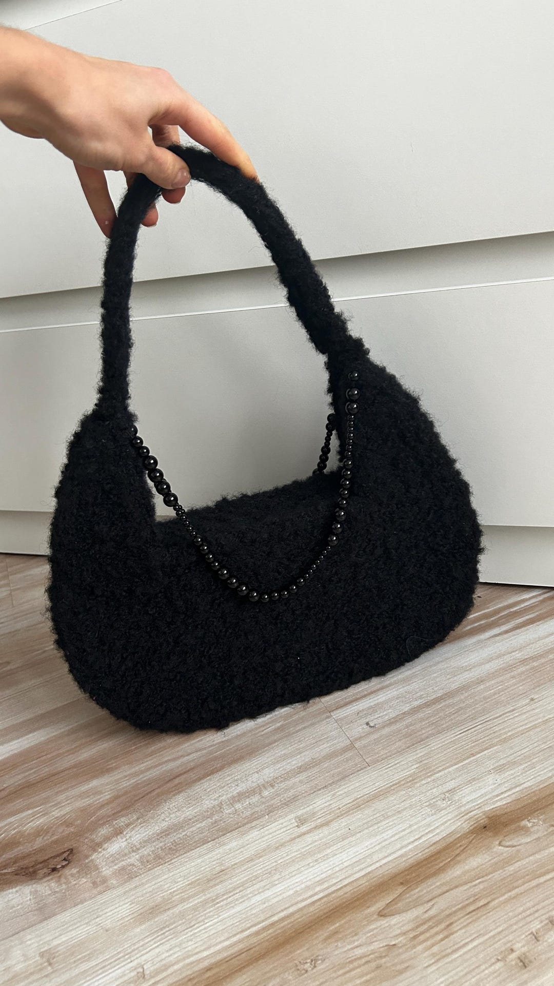 Chic Black Bouclé Half-moon Shoulder Bag Large Capacity Plush Faux Lamb ...
