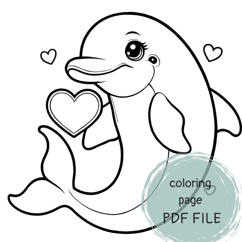 DOLPHIN Coloring Page. Digital. Printable. Instant Download. Valentine ...