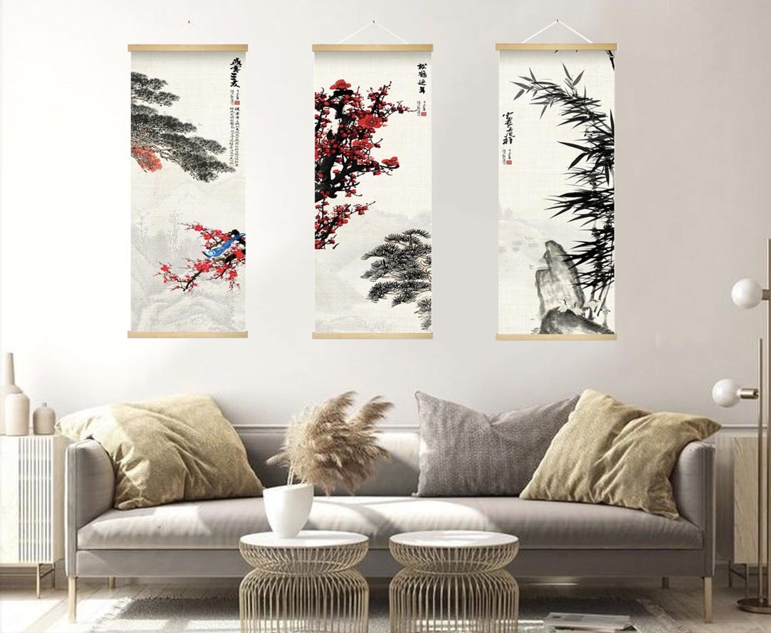 Japanese Traditional Scroll Painting, Pine, Plum, Bamboo Wall Hanging ...