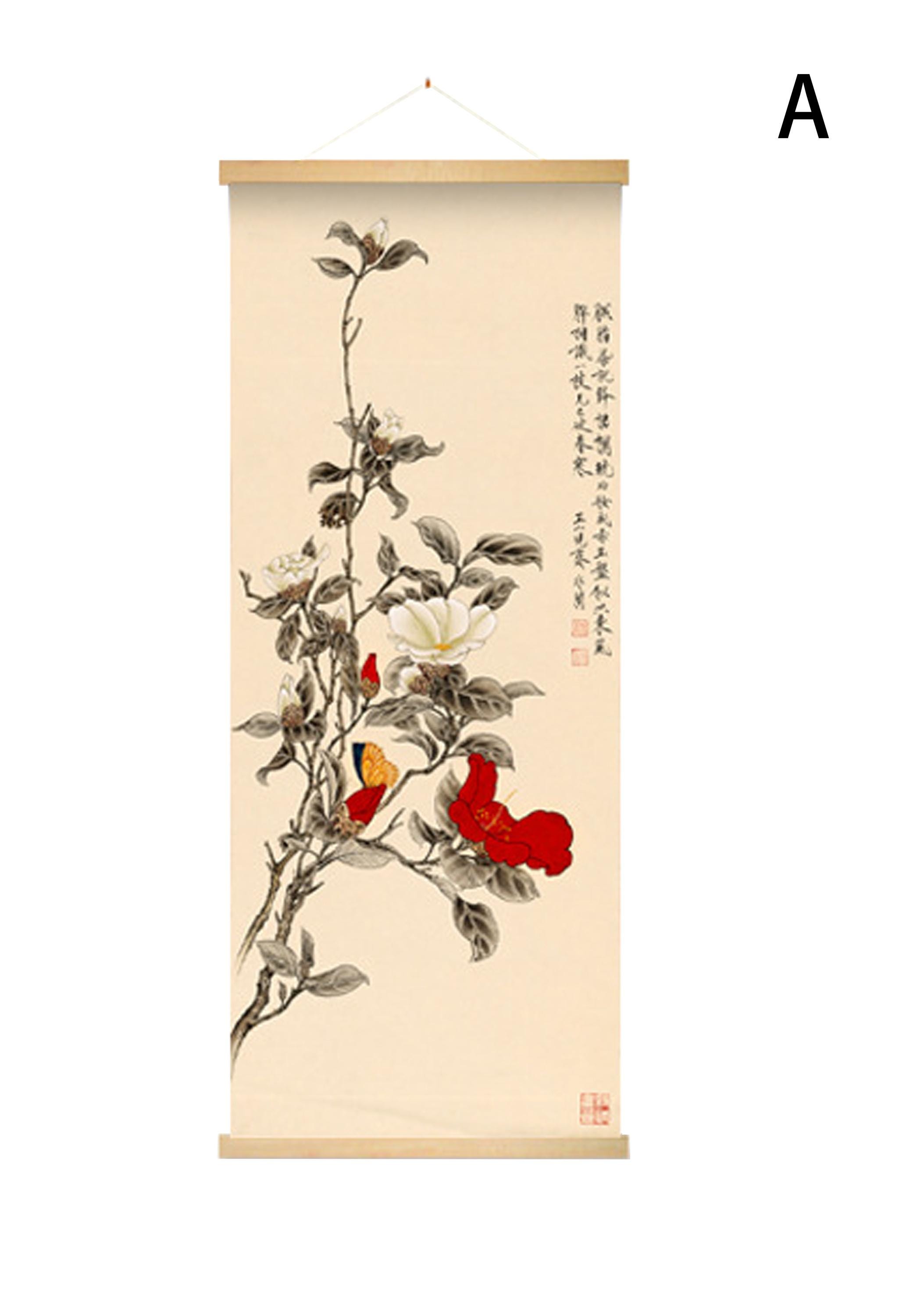Floral Japanese Chinese Scroll Painting, Wall Art, Canvas Wall Hanging ...