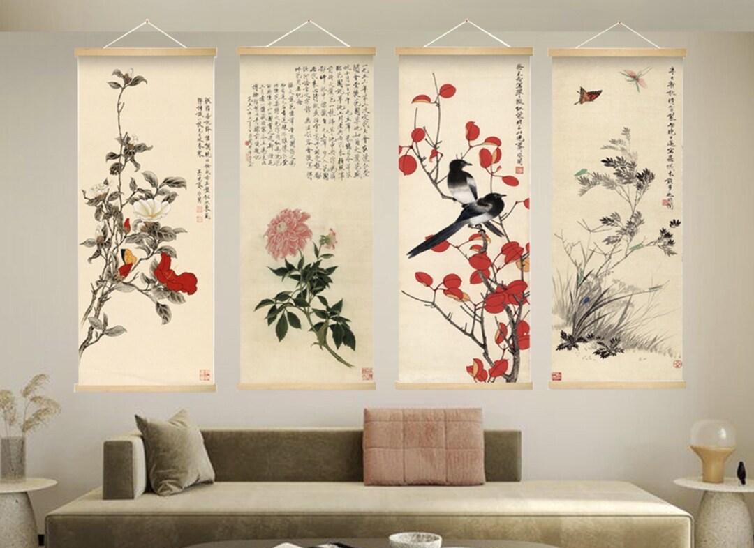 Floral Japanese Chinese Scroll Painting, Wall Art, Canvas Wall Hanging ...