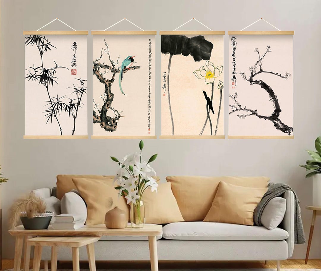 Traditional Japanese Scroll Painting, Ink Painting of Bamboo, Bird ...