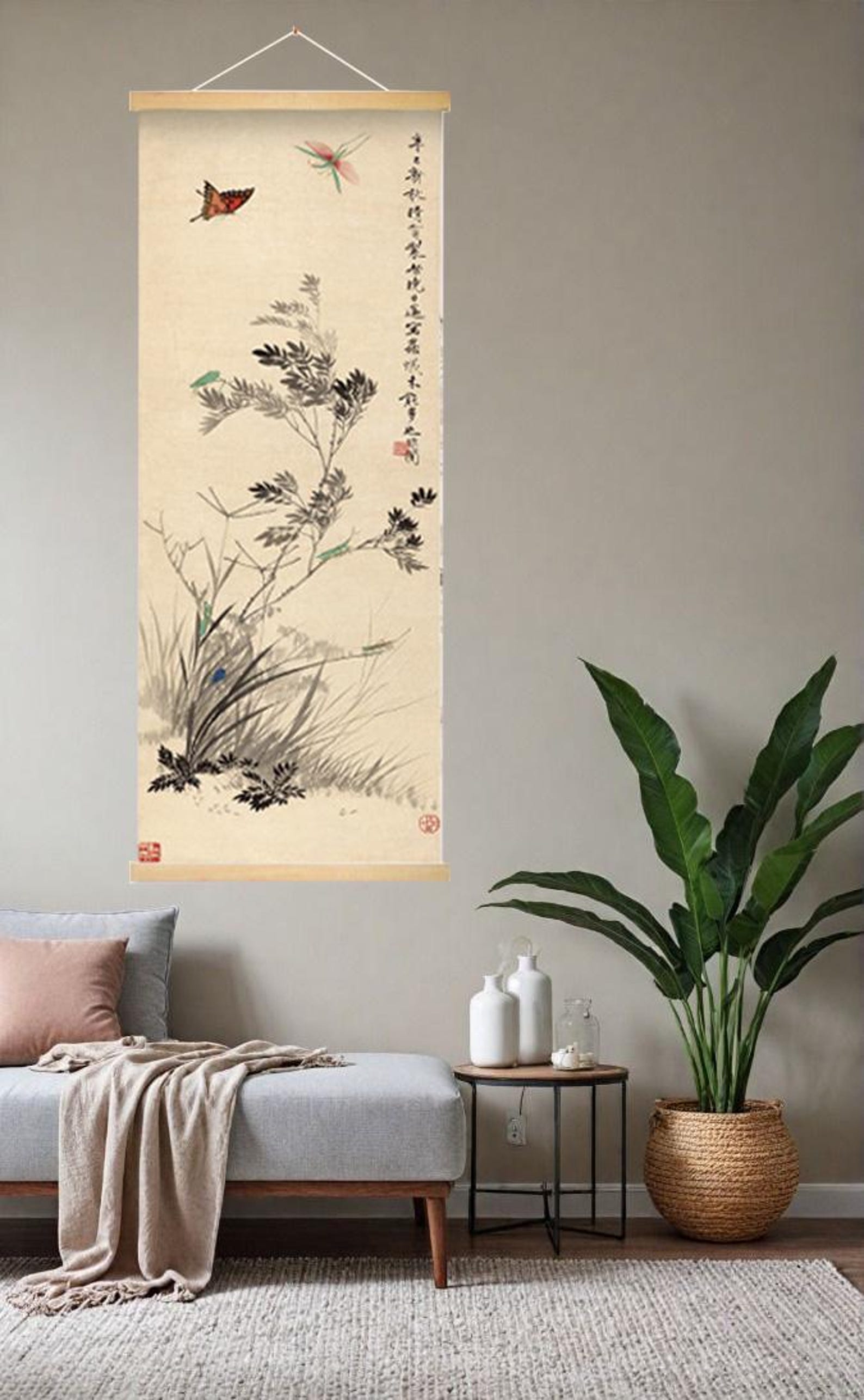Floral Japanese Chinese Scroll Painting, Wall Art, Canvas Wall Hanging ...