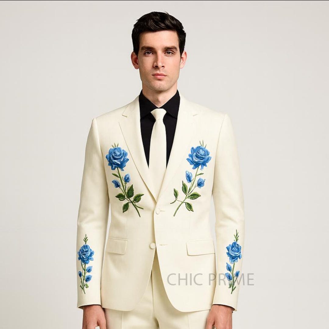Men’s Embroidered Blue Rose Suit – Luxury Cream Wedding Tuxedo, Groom ...