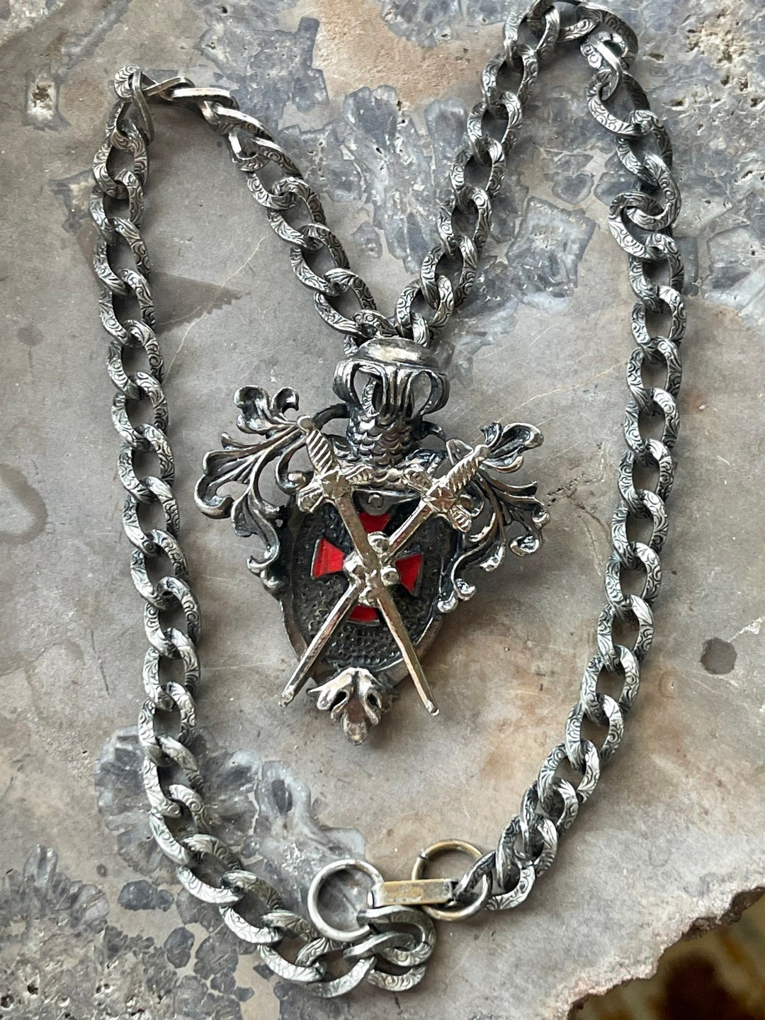 Embossed Ornate Silver Goldtone Sword Red Enamel Maltese Cross Crest ...