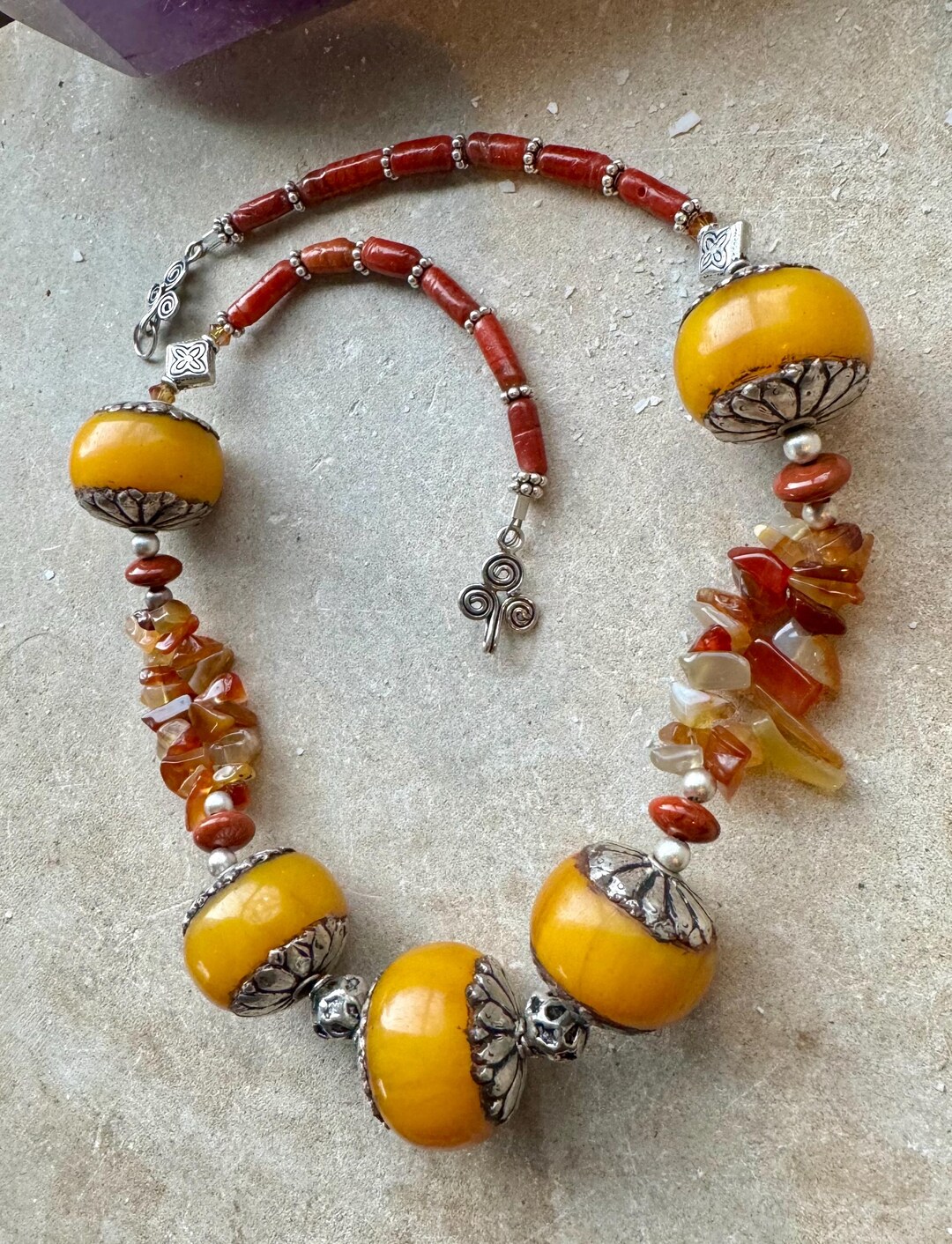 Silver Caped Copal Amber Coral Art Glass Carnelian Beaded Vintage ...