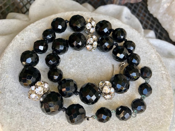 French Art Deco Hand Knotted Faceted Jet Crystal Pron… - Gem