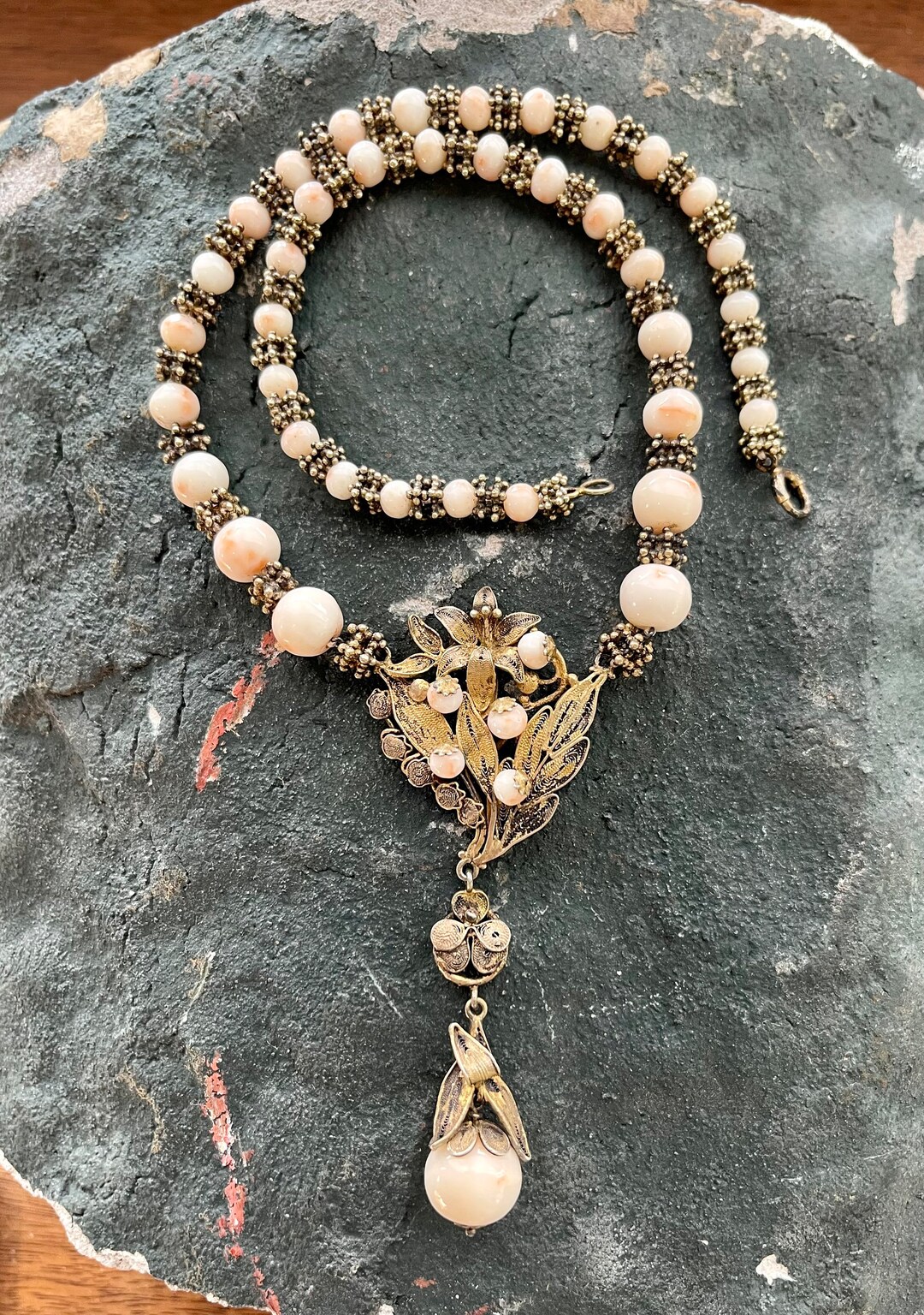 Graduated Angel Skin Coral Gold Gilt Sterling Silver Filigree Flower ...